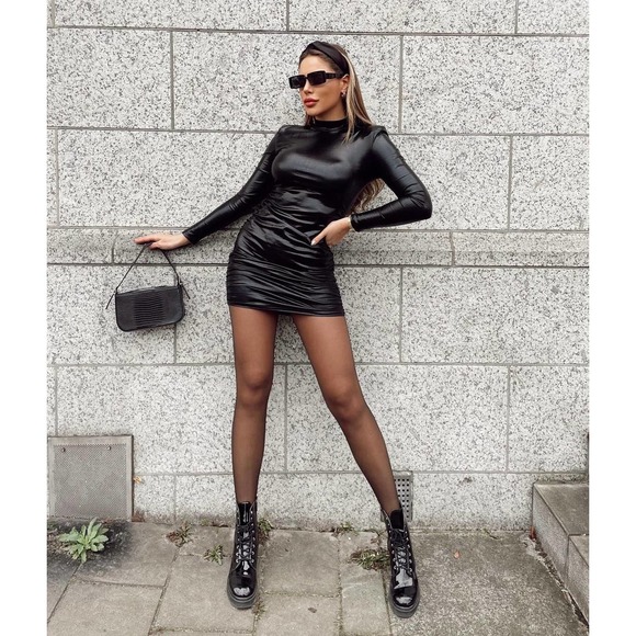 Zara | Dresses | Zara Faux Leather Shoulder Pad Cutout Mini Dress M ...